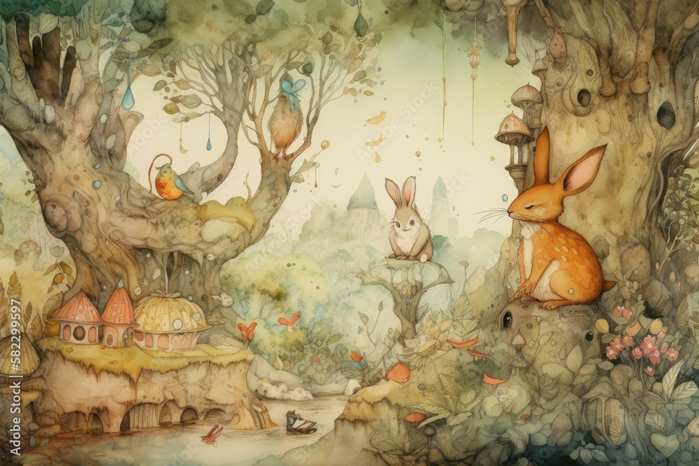 The enchanted forest in the watercolor painting was full of whimsical ...