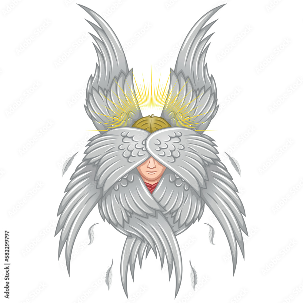Vector design of seraph with six wings, angelic face of catholic ...