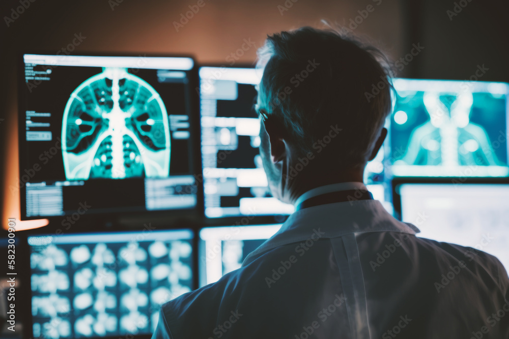 Medical Doctor View from Behind Checking X-ray and Medical Information ...