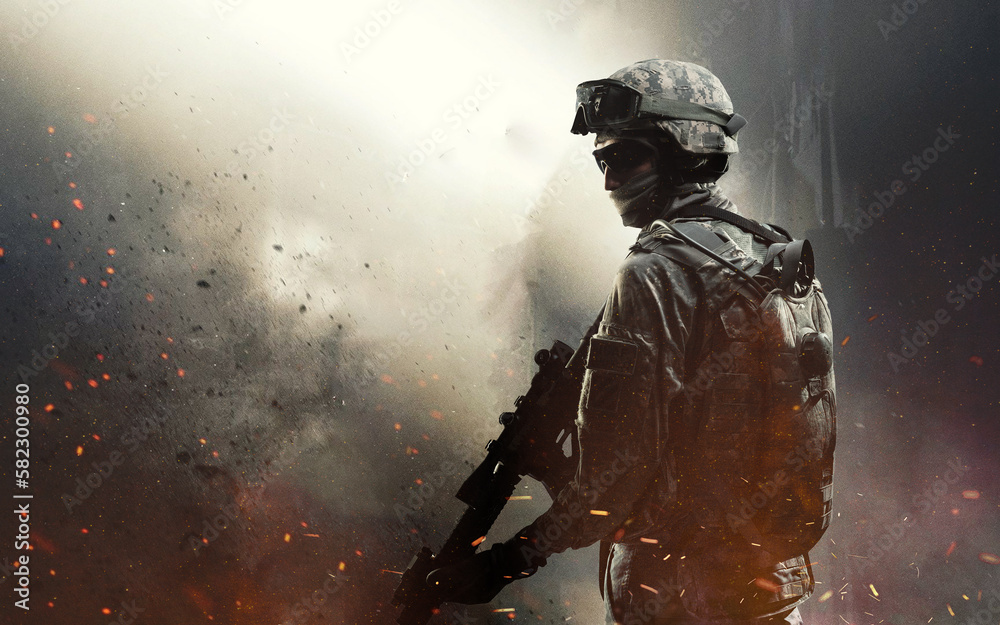 soldier fighter comes out of the smoke on the battlefield. united ...