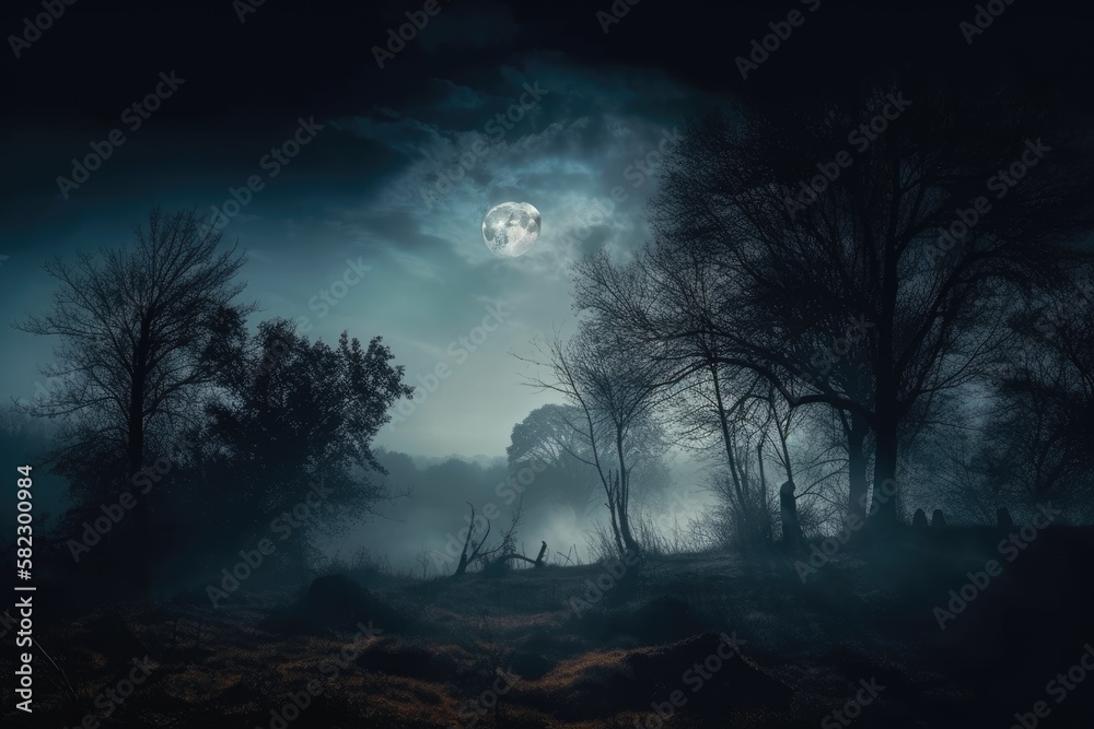 over the woodland, a full moon. silhouettes of dark trees. mysterious ...