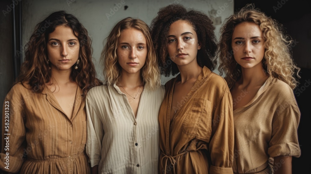 Group of serious beautiful teenage girls looking at the camera ...