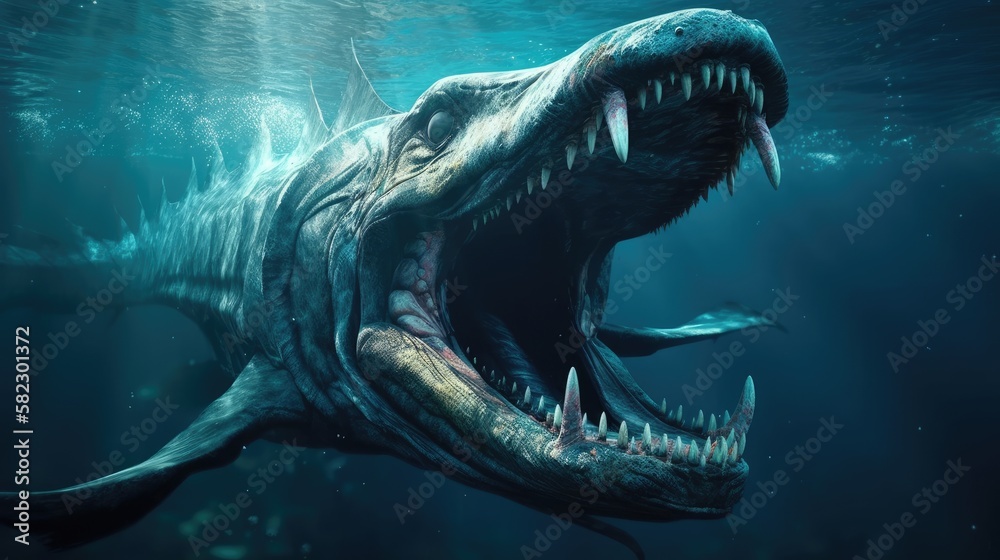 Sea monster open its mouth with teeth, fantasy underwater creature ...
