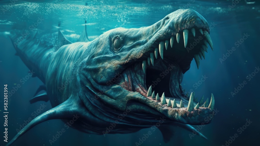 Sea monster open its mouth with teeth, fantasy underwater creature ...