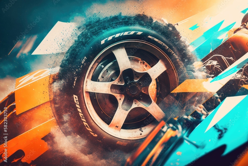 racing wheel close-up racing car from above double exposure background ...