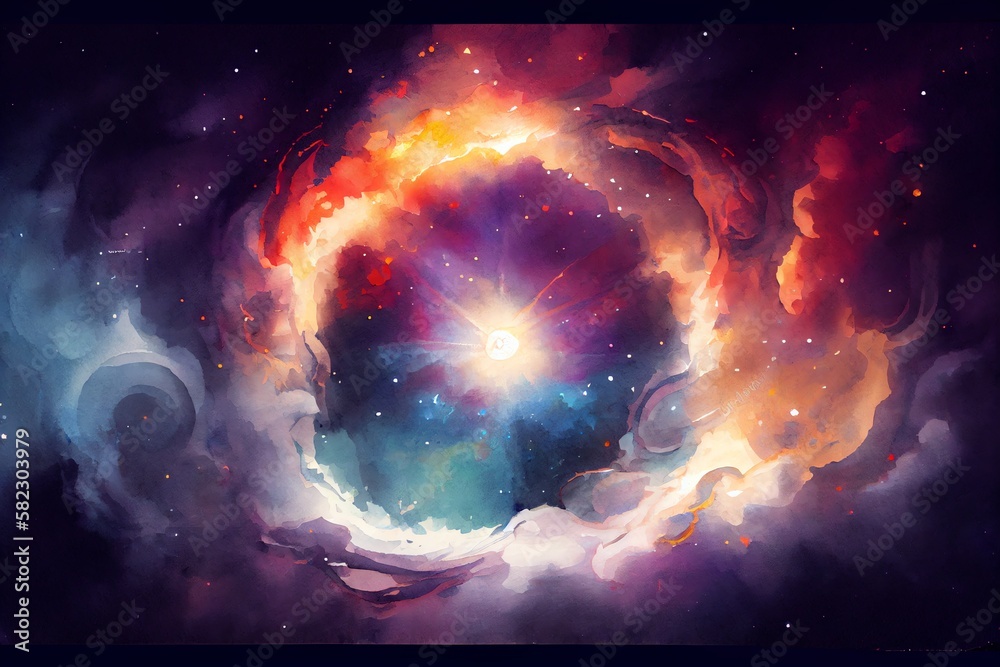 Watercolor Illustration of a Birth Of A Star In Space During A Nebula ...