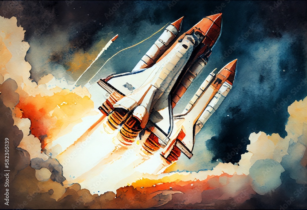 Watercolor Illustration of a Powerful Work Of Carrier Rockets To Put ...