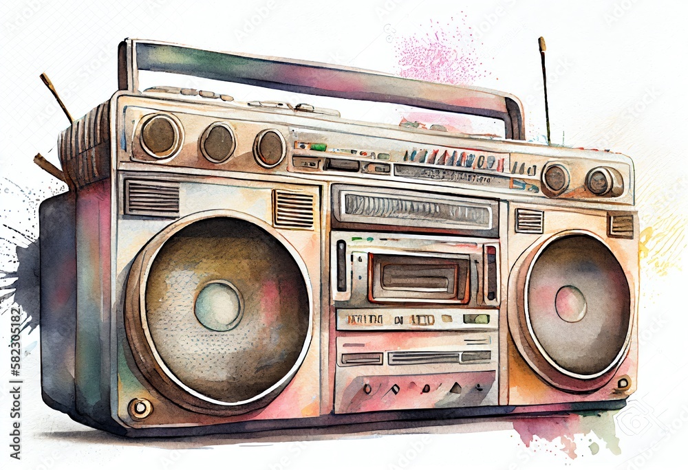 Watercolor Illustration of a Retro Radio Stereo Boombox System Design ...