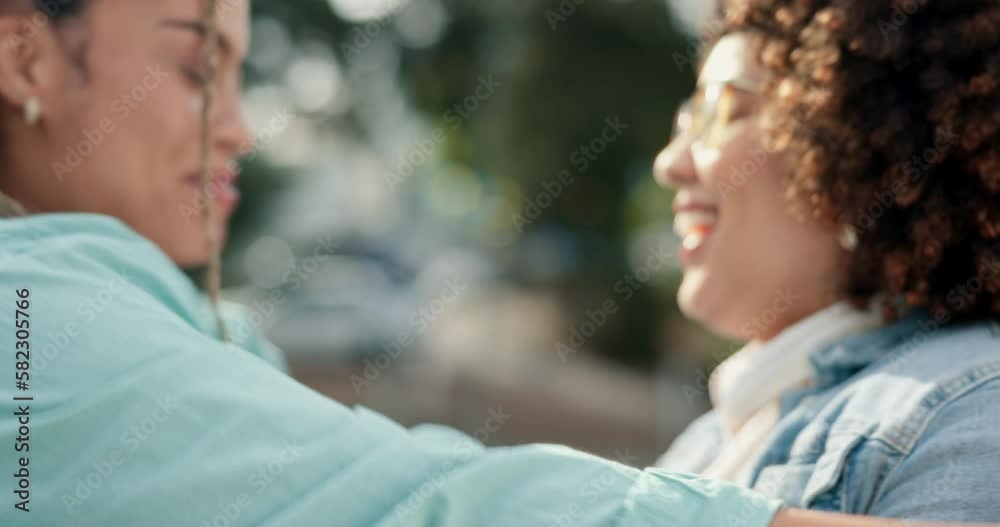 Excited, hug and friends with a reunion in the city, missing and ...