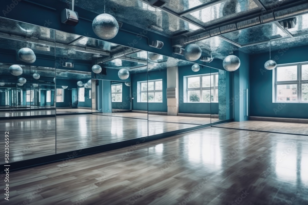 large and light hall with mirrors, music, equipment for dancing, sports ...