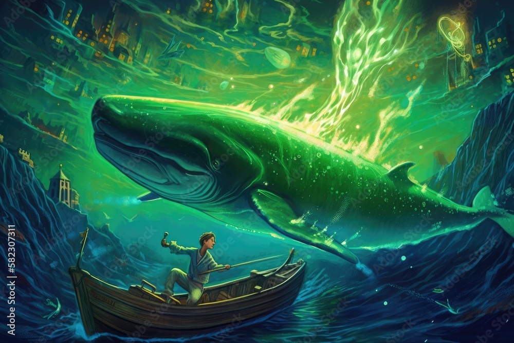 Fantasy graphic artwork of a man on a boat admiring a leaping, bright ...