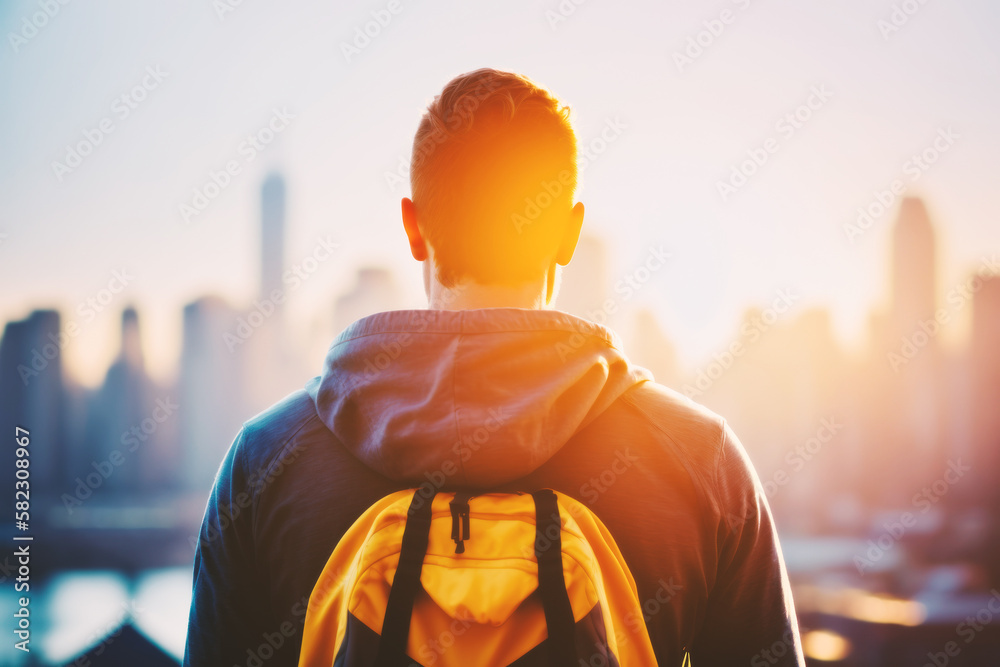 A young student arrives in the big city, gazing at the skyline as the ...