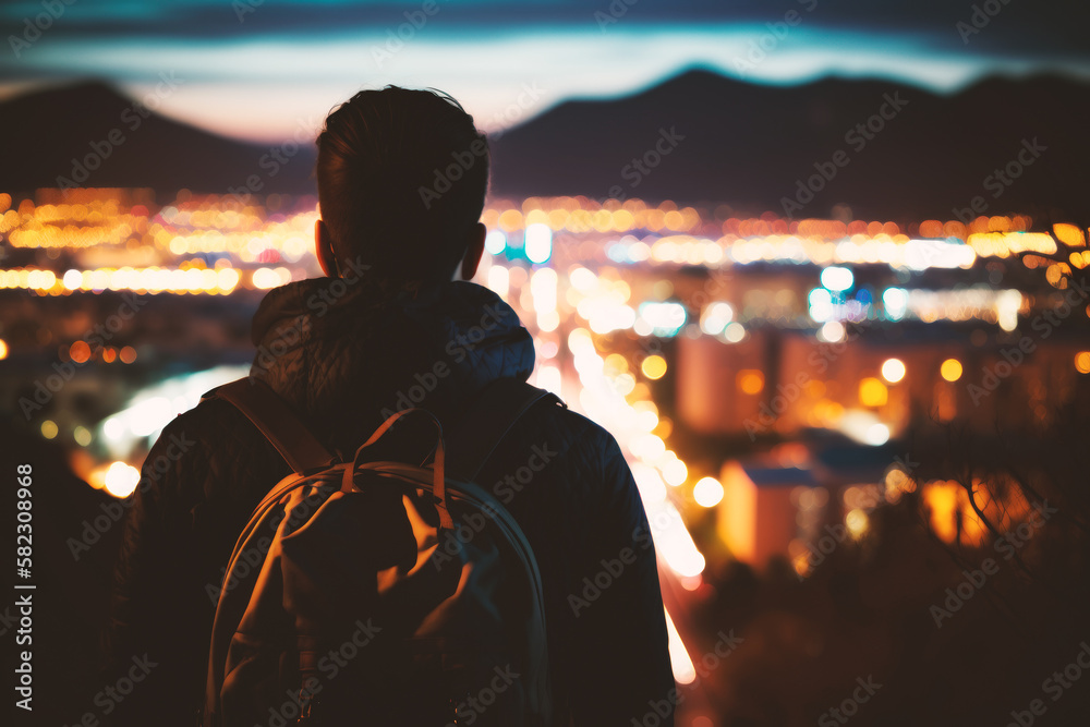 A young student arrives in the big city, gazing at the skyline as the ...