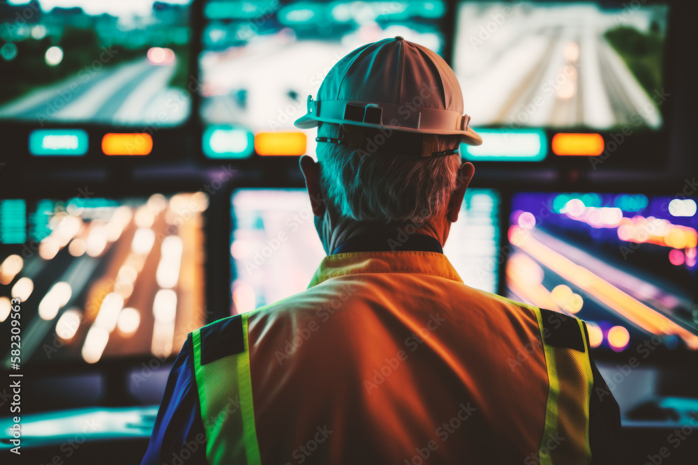 Man sits in front of computer screens, meticulously following traffic ...