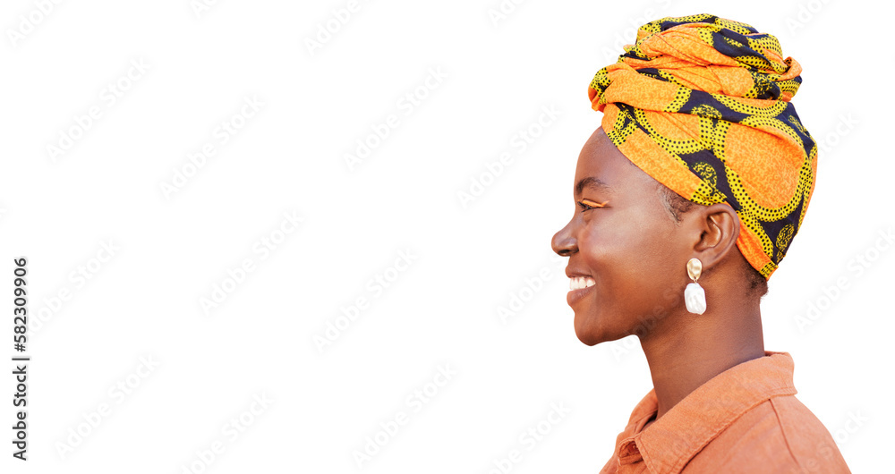 Profile Black Woman And Smile With Head Wrap And Natural Beauty