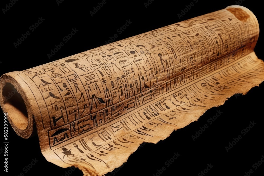 Ancient Egyptian hieroglyphics on a broad, textured papyrus scroll, isolated on white ...