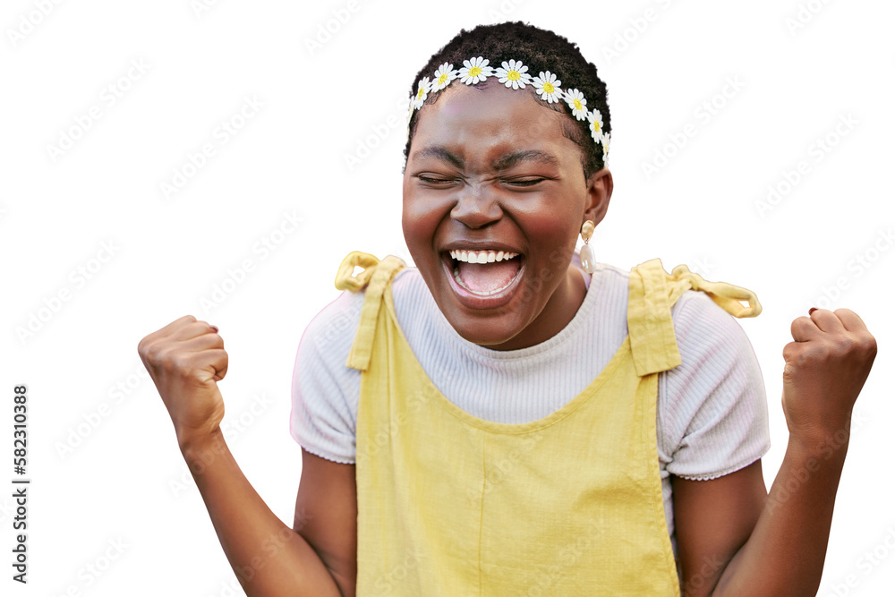 Happy, black woman and excited, success and winner scream yes ...