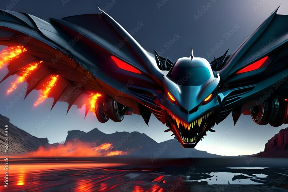 Demonic bat-plane with fiery wings, glowing eyes, and razor-sharp teeth ...