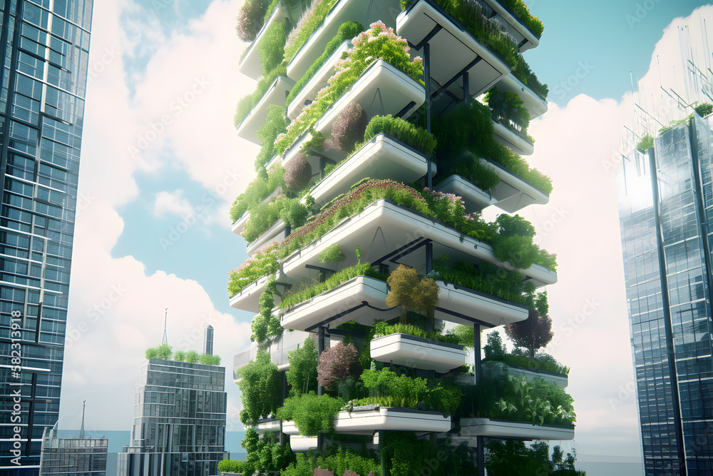 Vertical tower farms with multiple layers of crops and vegetation ...