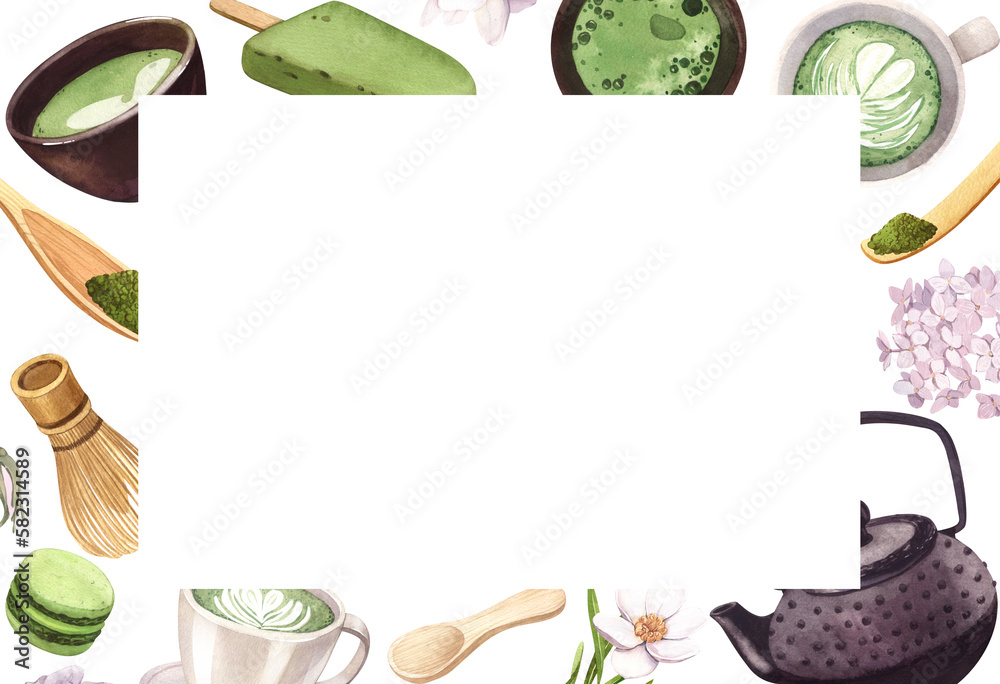 Watercolor frame with green tea matcha. Japanese tea ceremony hand ...