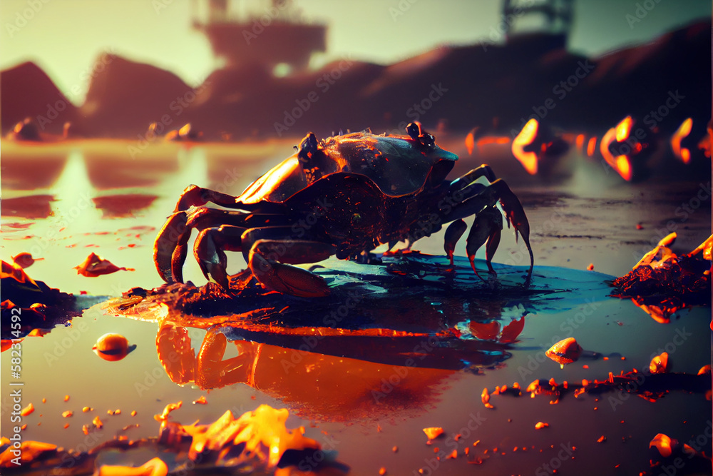 Water pollution with shell and sea crab dead on the beach sand ...