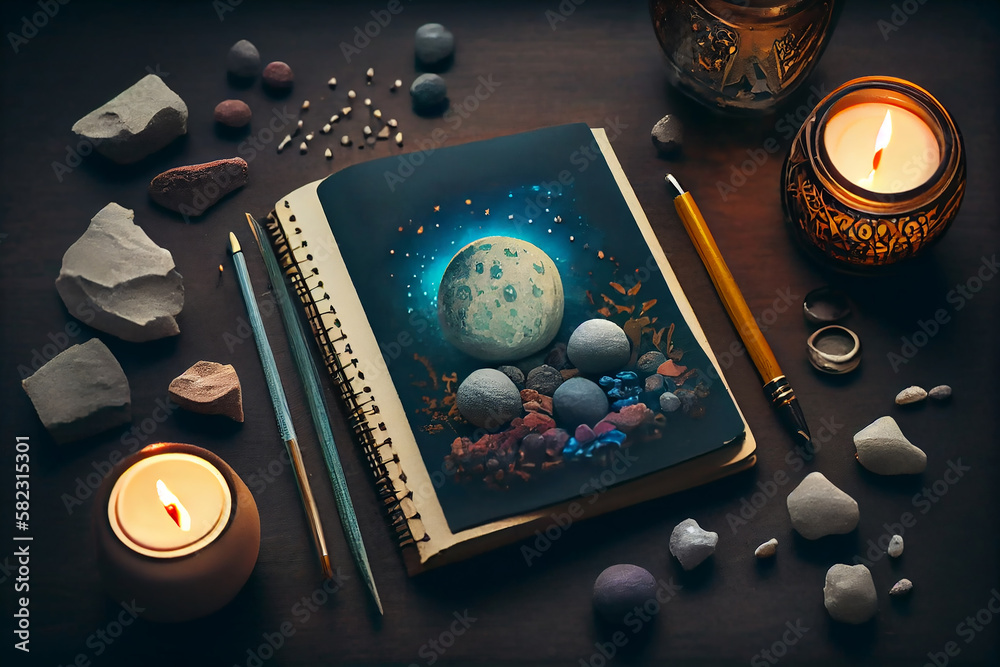 Nighttime ritual: self-care essentials on black paper with moon phases ...