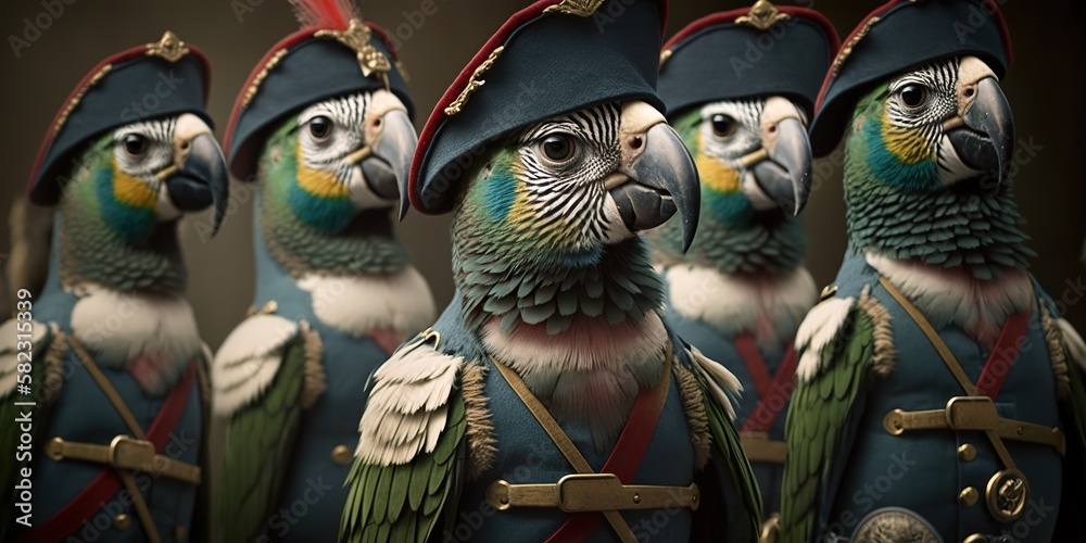 Group of parrots dressed up in uniforms looking like in middle of a ...