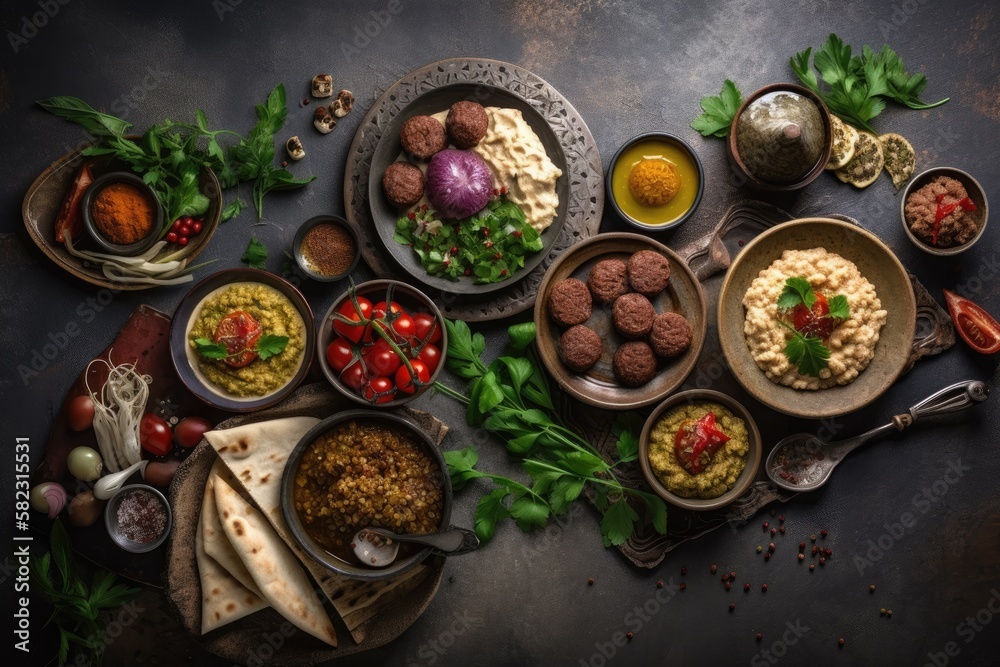 Arab or Middle Eastern cuisine with a variety of meze on a rustic ...