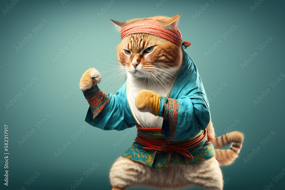 cat in boho clothes doing karate created with Generative AI technology Stock Illustration ...