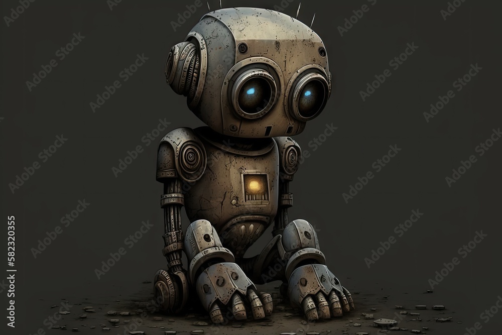 somber vintage sad robot with lowered head on dark background, created ...