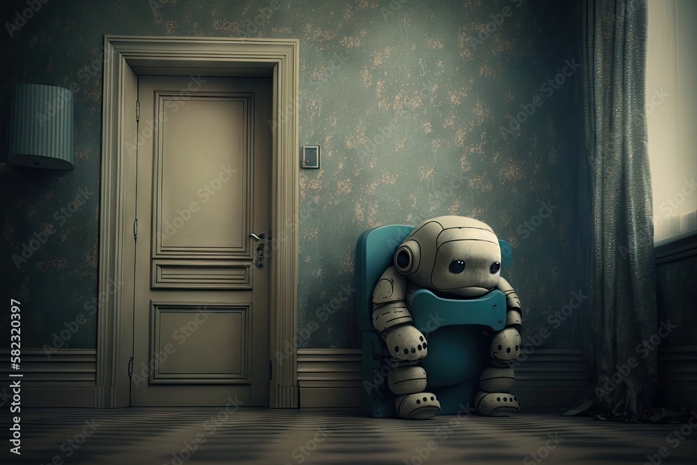 overcoming with sadness sad robot sitting in room, created with ...