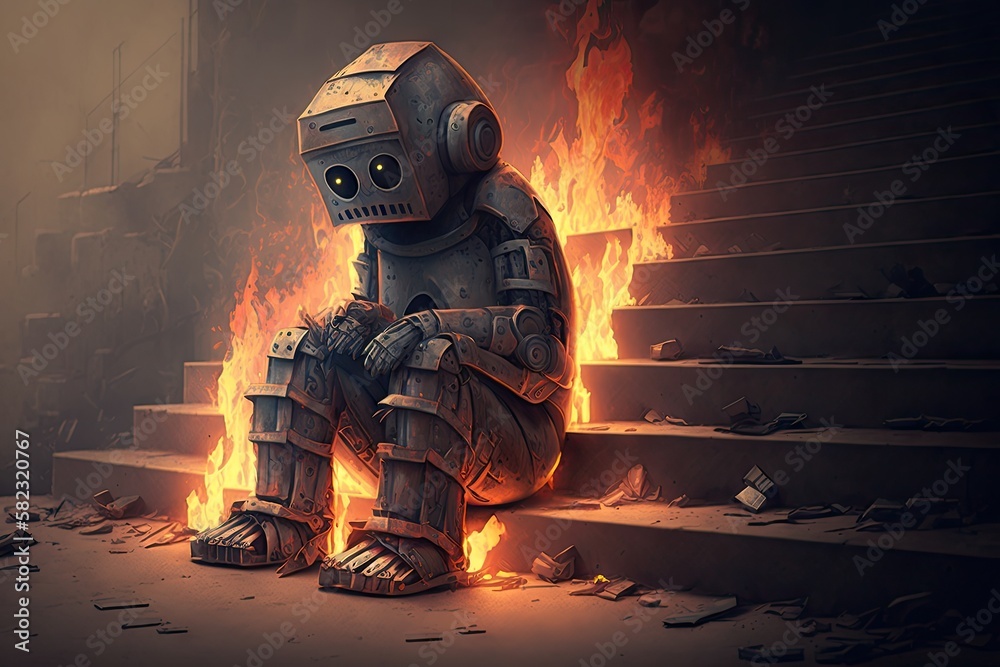 broken sad robot sitting on steps in front of burning exit, created ...
