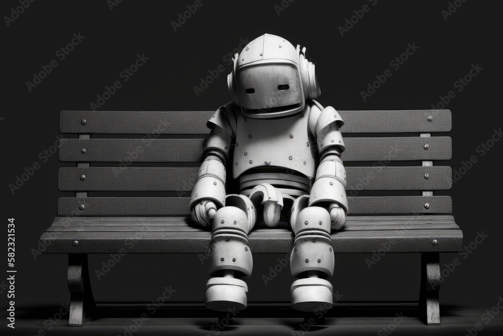 lonely sad robot sitting on bench isolated on black background, created ...
