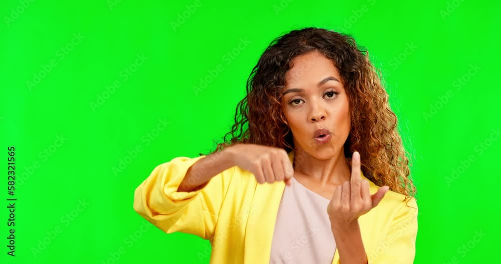 Woman, studio and middle finger while mad by green screen, frustrated ...