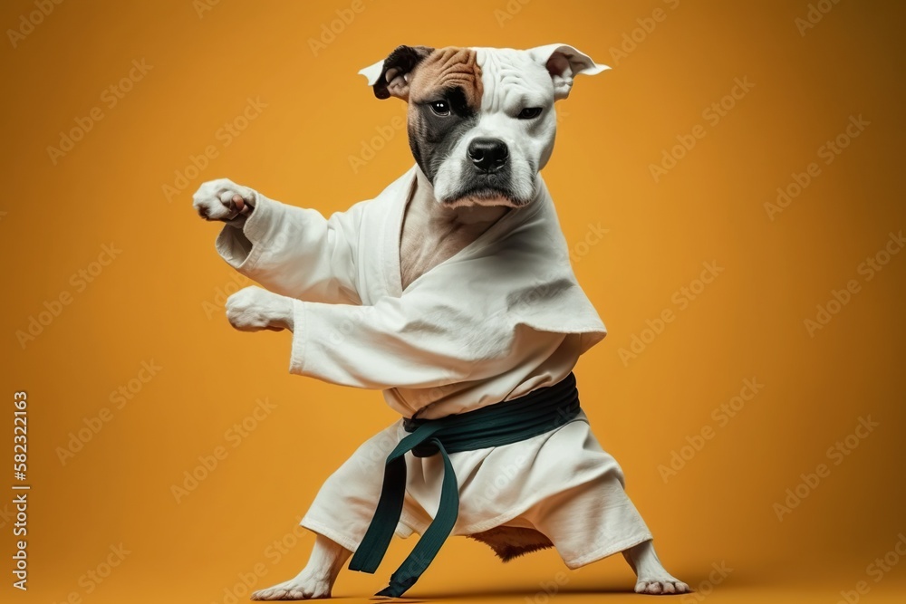 Studio portrait of dog in kimono doing karate, created with Generative AI technology Stock ...