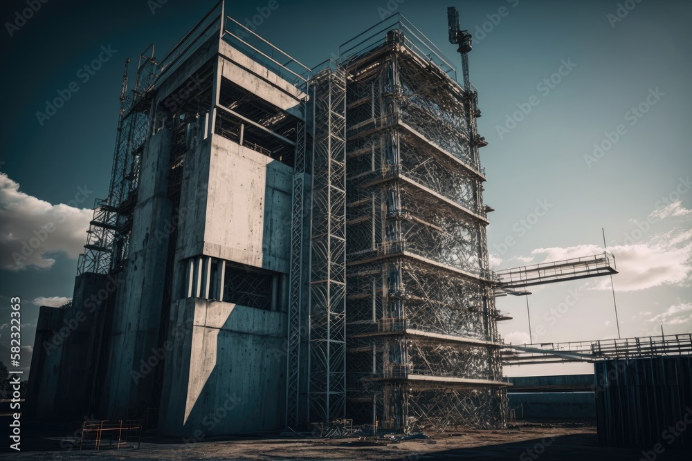 construction of reinforced concrete tower with metal design scaffolding ...