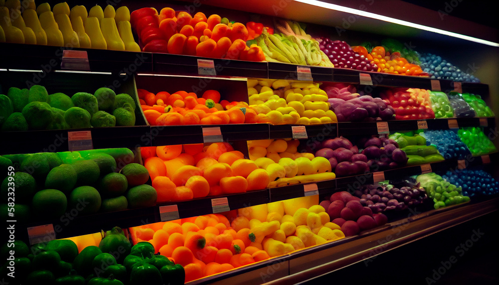 Vibrant produce on display in a modern supermarket. Fresh fruits and ...