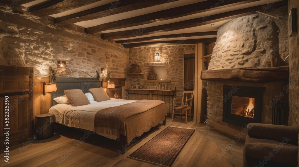 Rustic hotel room with brick walls interior design idea. Generative AI ...