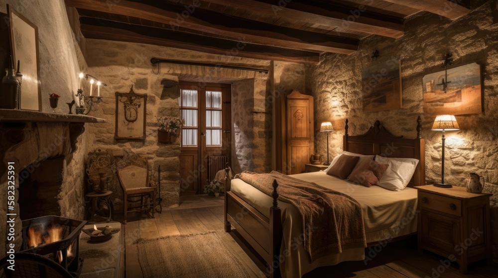 Interior of a rustic hotel room with brick walls and wooden furniture ...