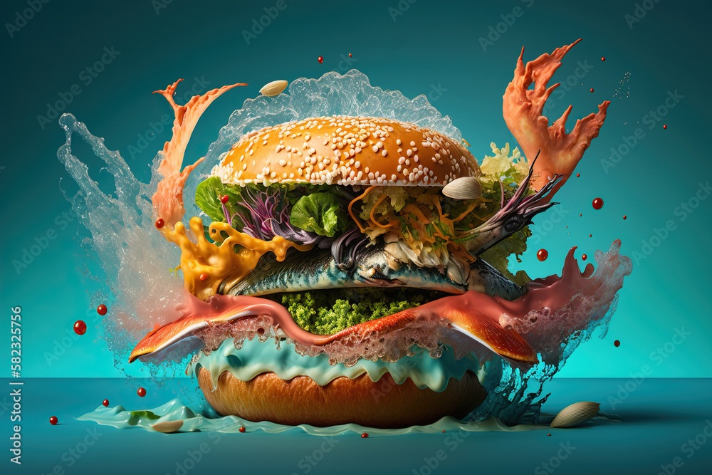 Get ready for a flavor explosion concept. Burger with crab seafood ...