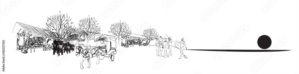 Black and white freehand doodle beach scene on lombok island. There are ...