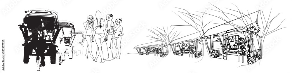 Black and white freehand doodle beach scene on lombok island. There are ...