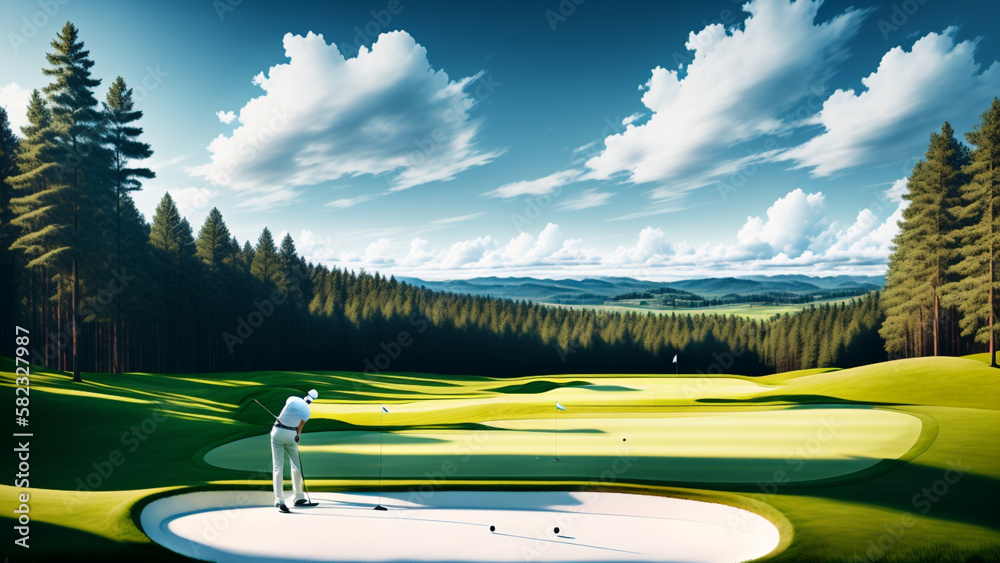 架空のゴルフ場 俯瞰のイラスト 晴天 Fictitious golf course bird's-eye view illustration ...