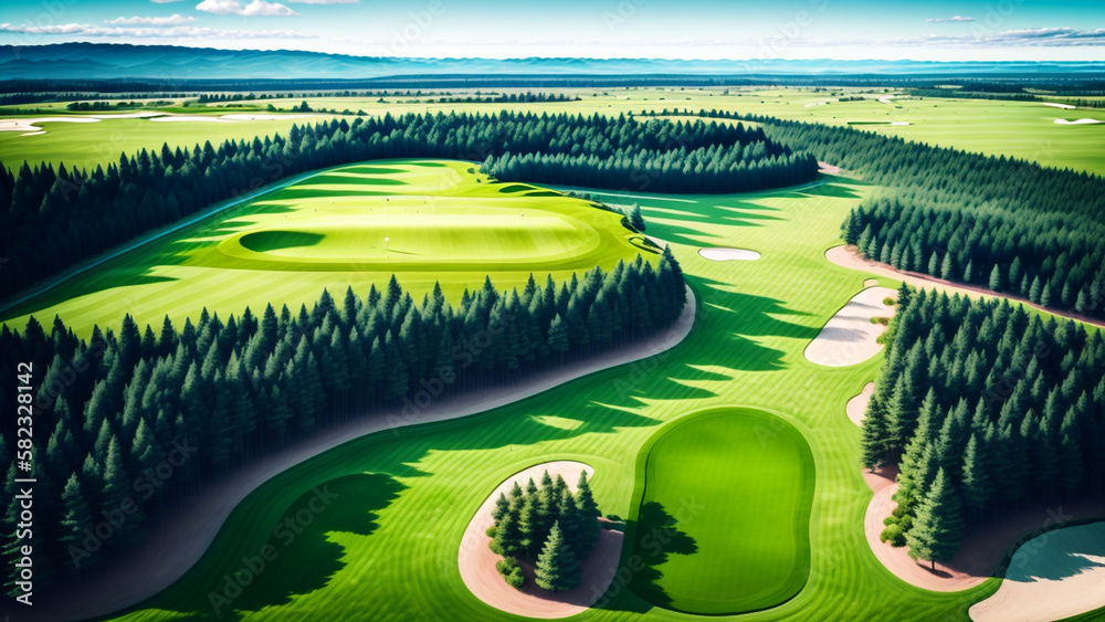 架空のゴルフ場 俯瞰のイラスト 晴天 Fictitious golf course bird's-eye view illustration ...