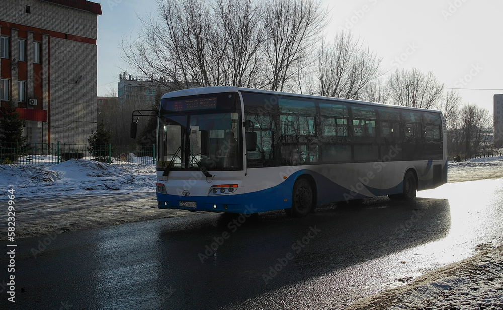 kazakhstan, Ust-Kamenogorsk, march 1, 2023: Chinese bus Yutong. Public ...