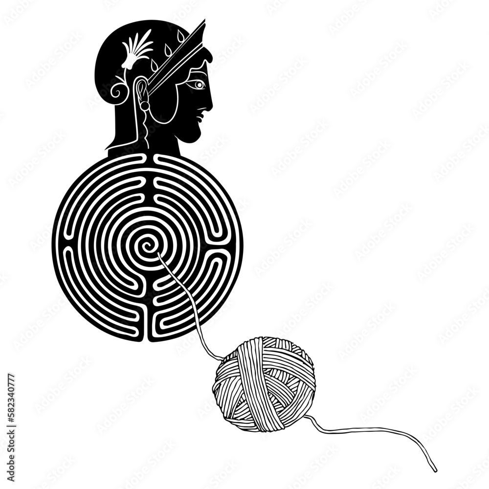 Head of ancient Greek woman on a round spiral maze or labyrinth symbol ...