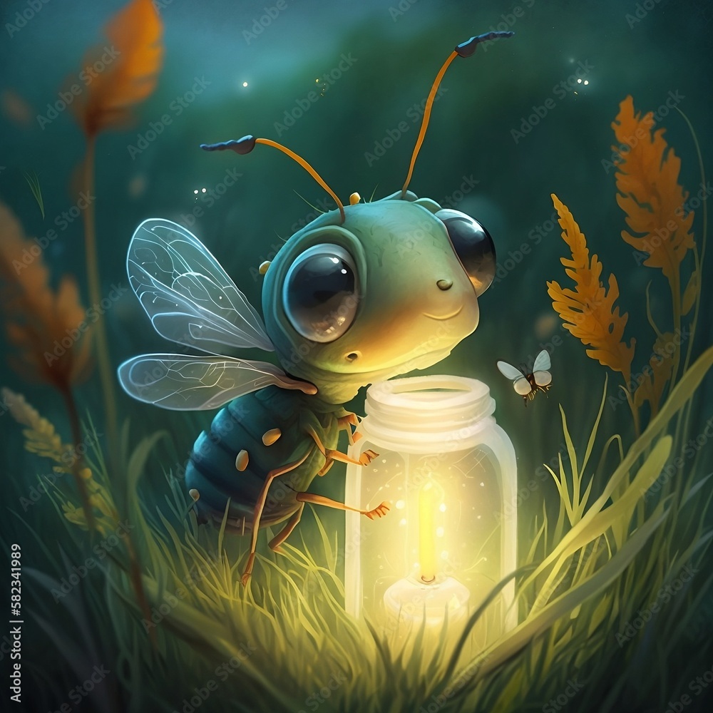 Cute firefly with bigeyes. Light in a jar. Nature. 3D render. Stock ...