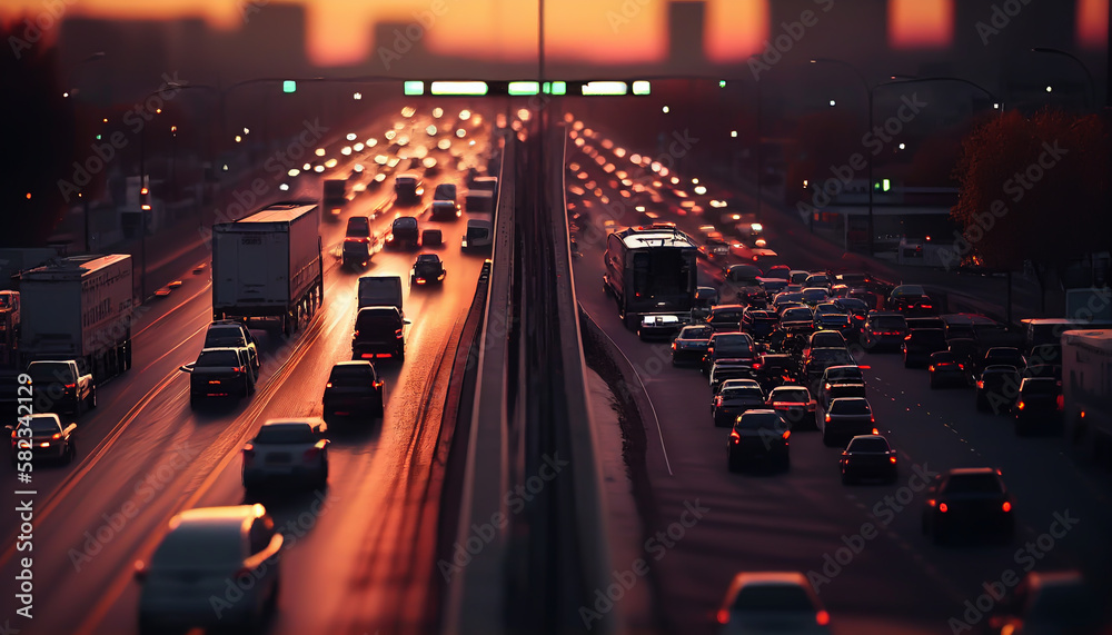 Rush Hour Traffic on Busy City Freeway at Sunset Generative Ai. V1 ...