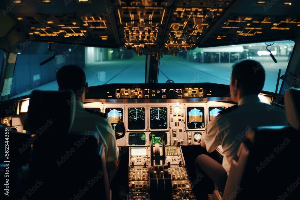 Inside cockpit on ground at an airport, both pilots are operating the ...