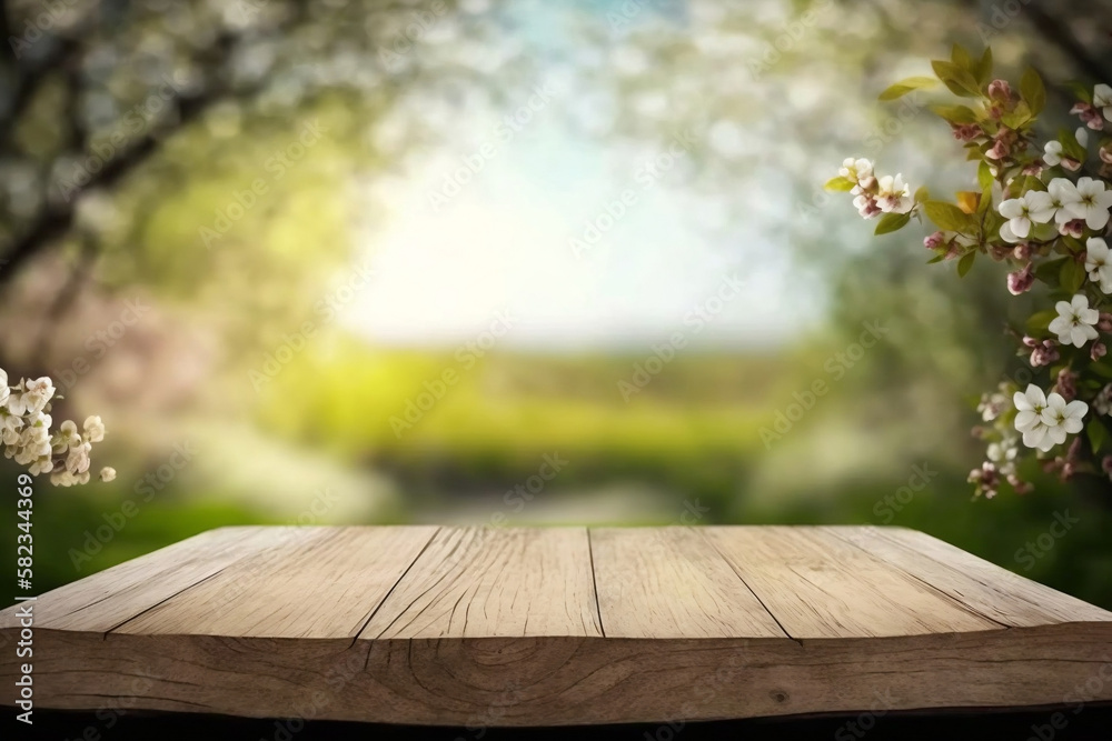 Wooden Desk With Spring Background And Product Display Stand, Frame ...